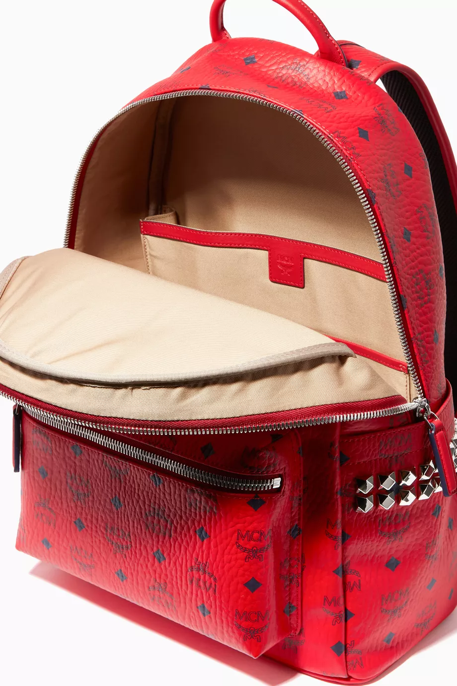 mcm red leather backpack